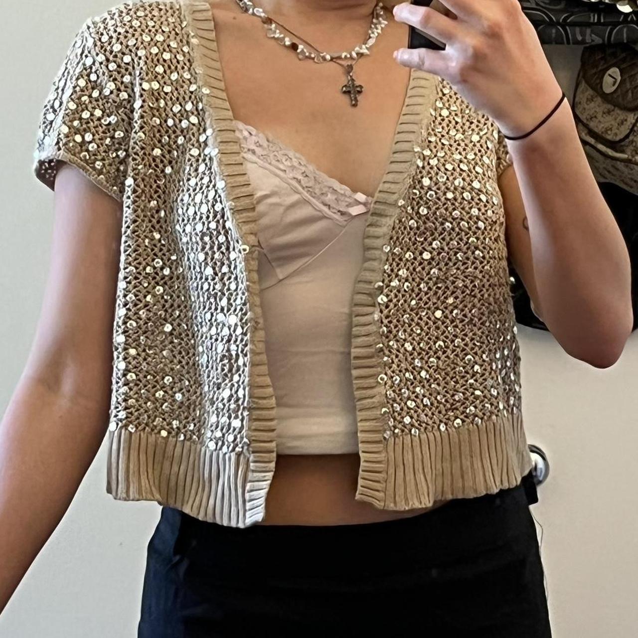 gold sparkly cardigan with eyelet closure at front... - Depop