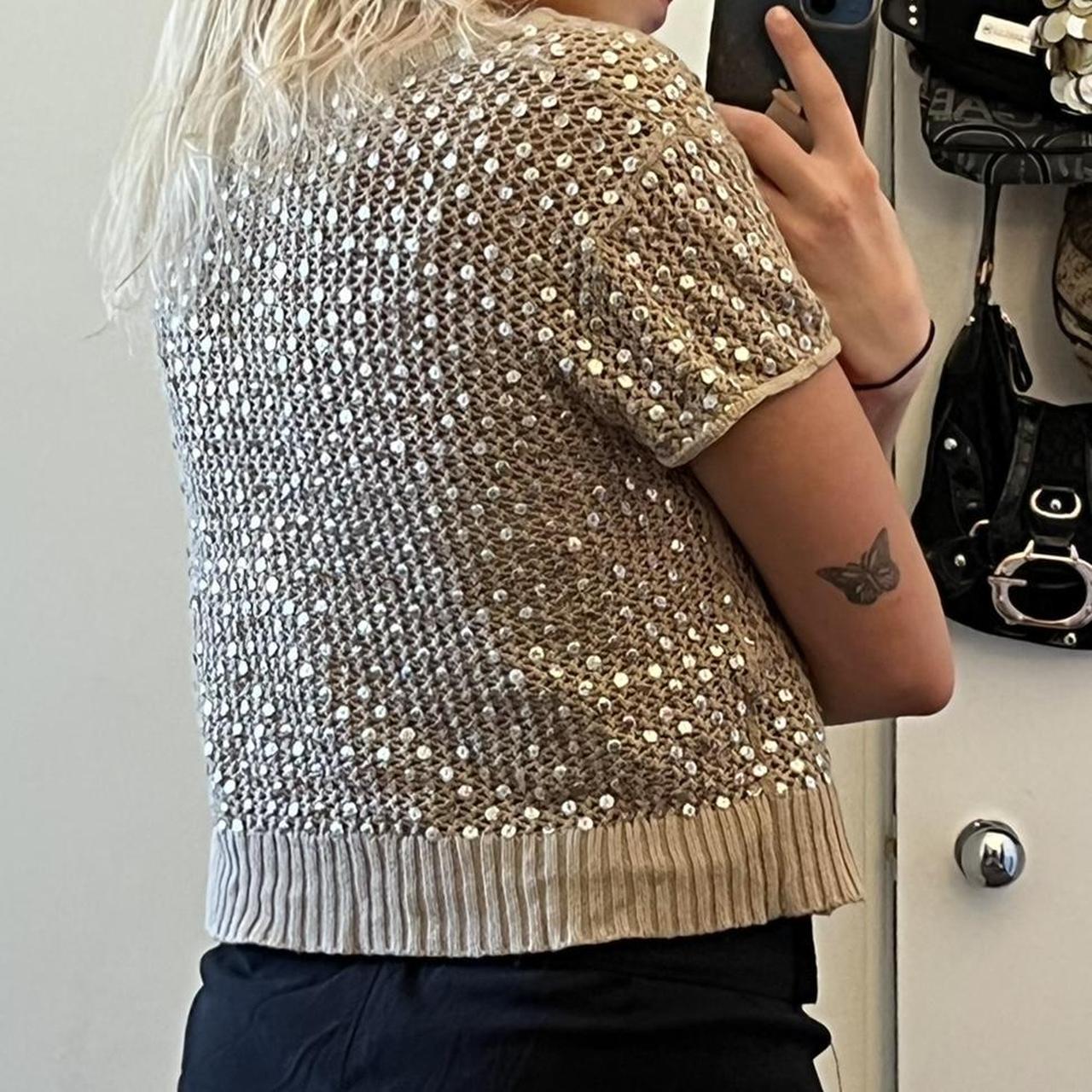 gold sparkly cardigan with eyelet closure at front... - Depop