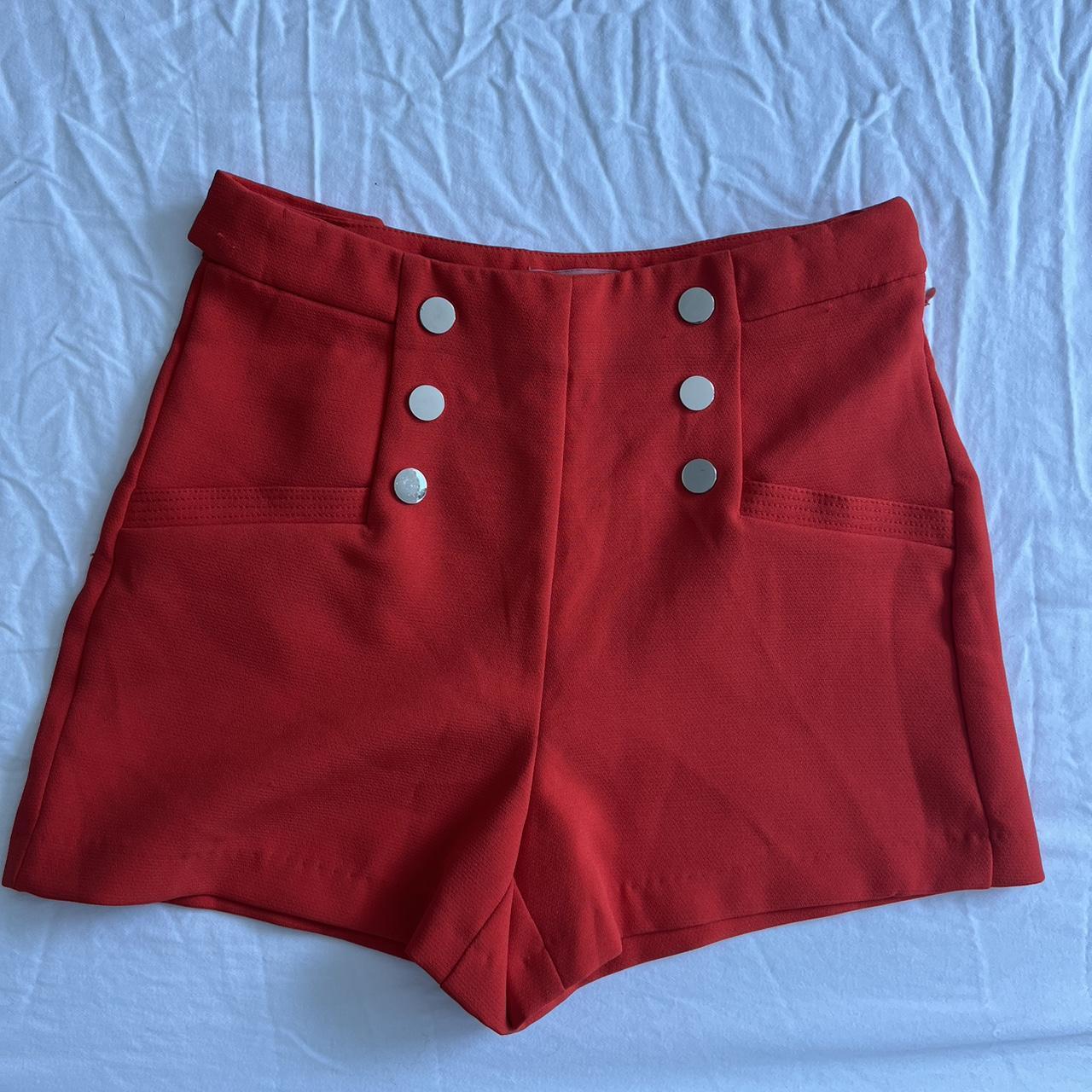 Bright red hot pant shorts. High waisted and super... - Depop