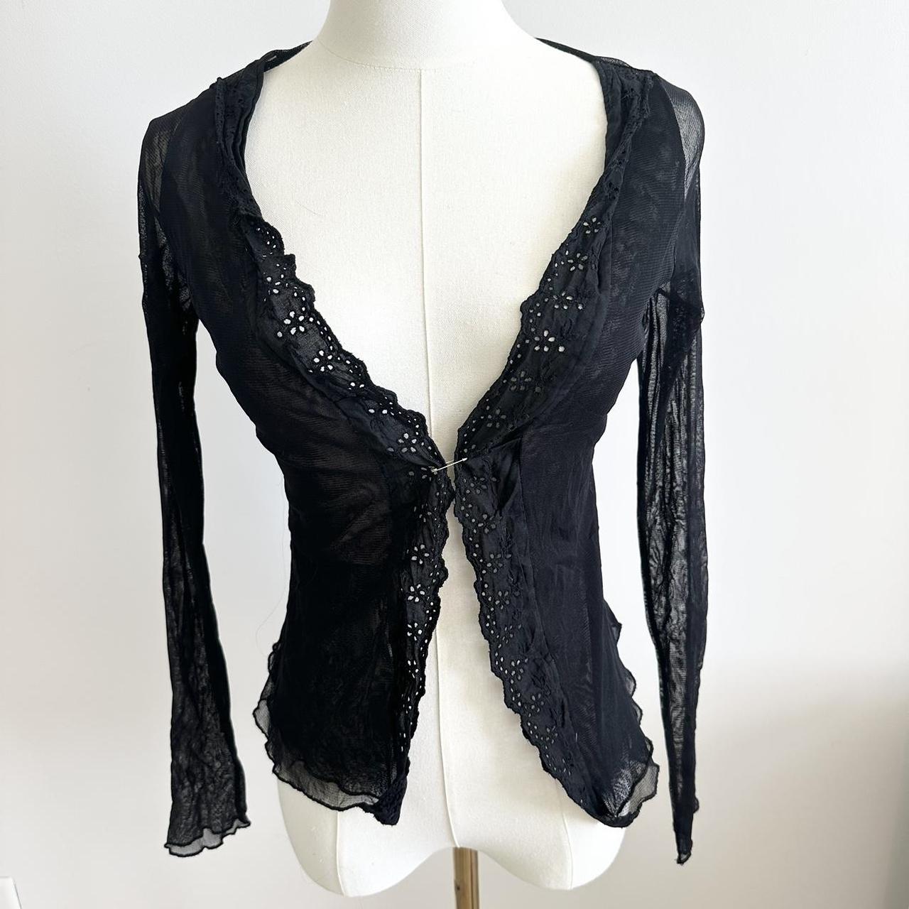 Vintage Y2K 2000s mesh long sleeve blouse with cute... - Depop