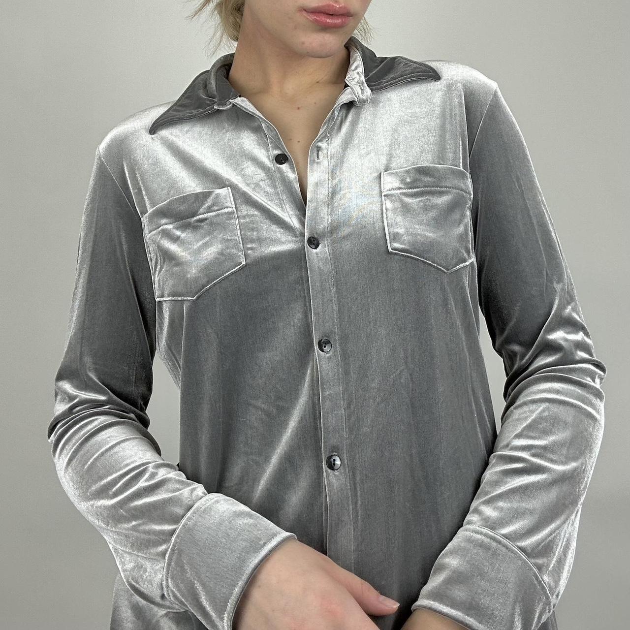 vintage silver shirt 🩶 90s metallic silver velvet... - Depop