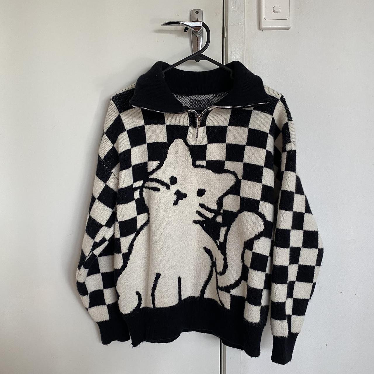 Checkered quarter zip with cat Size S - Depop