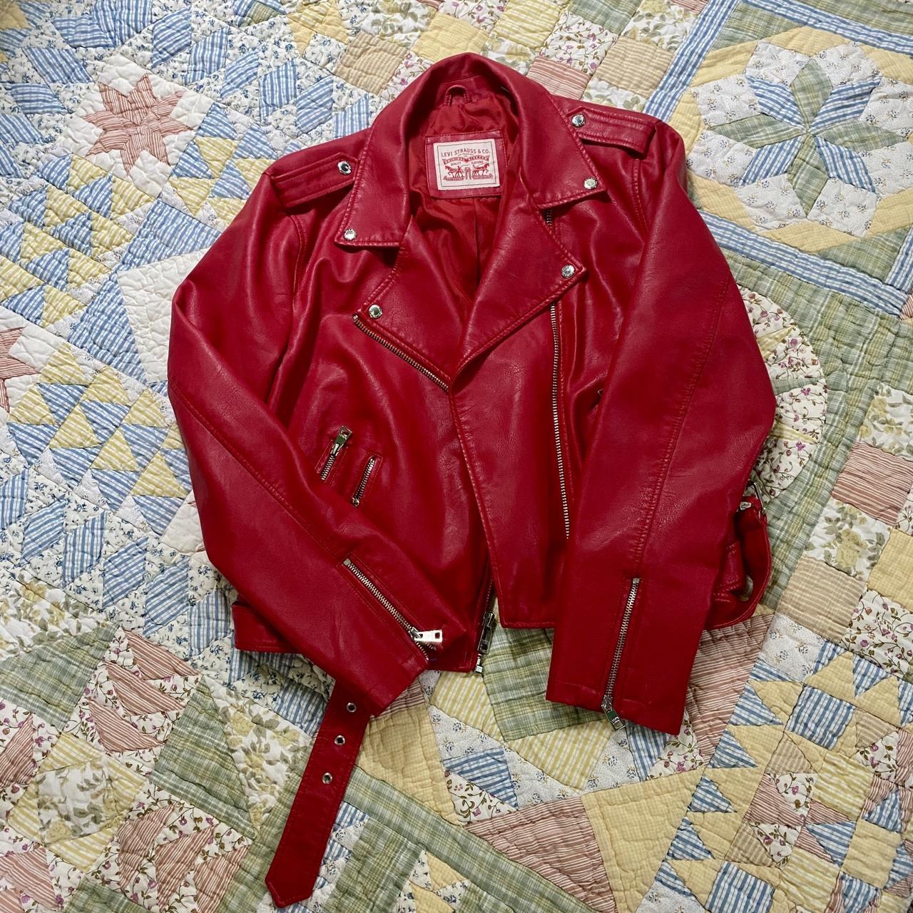 Levi’s Belted Red Faux Leather Moto Jacket Women’s... - Depop