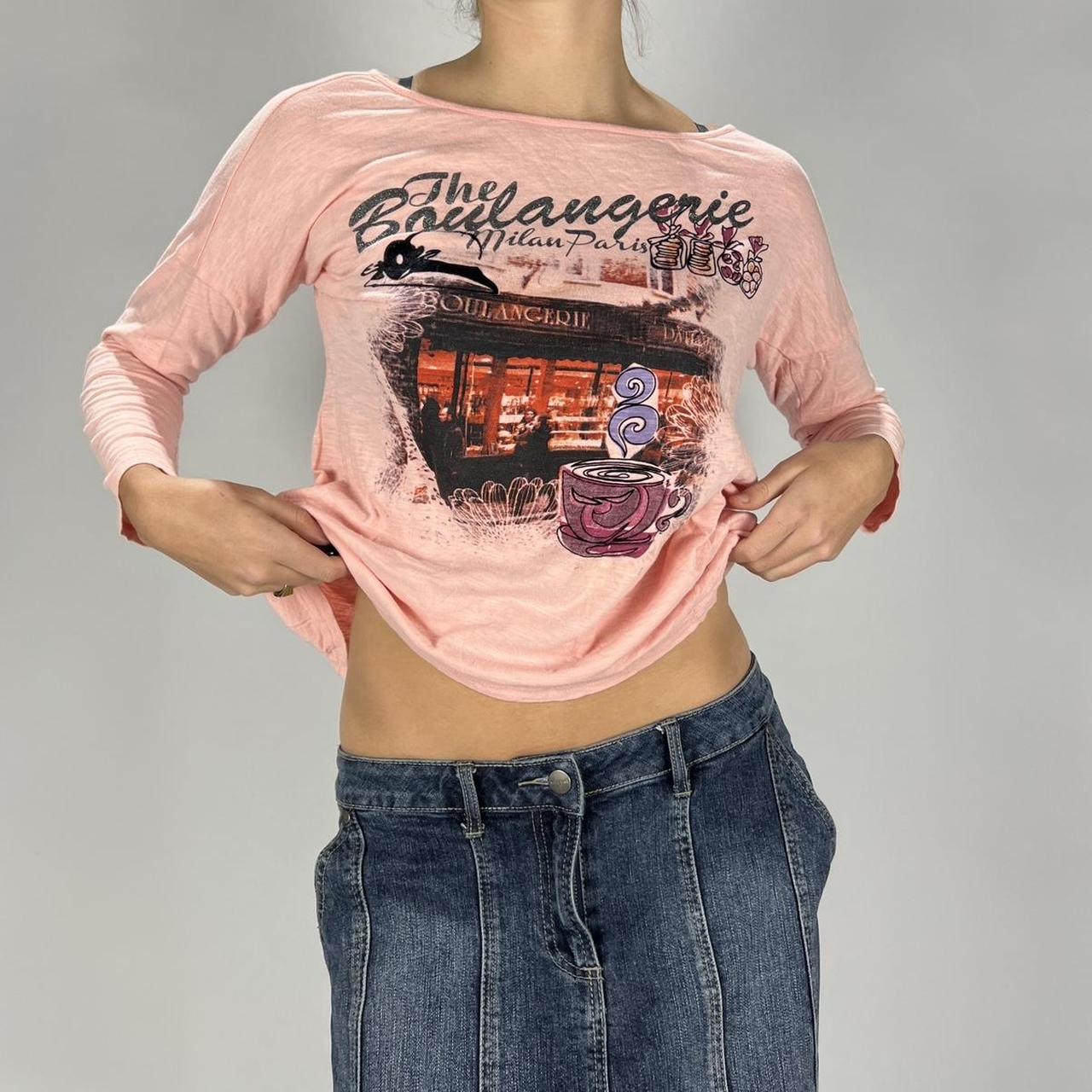 2000s French inspired graphic tee Pink long sleeve... - Depop