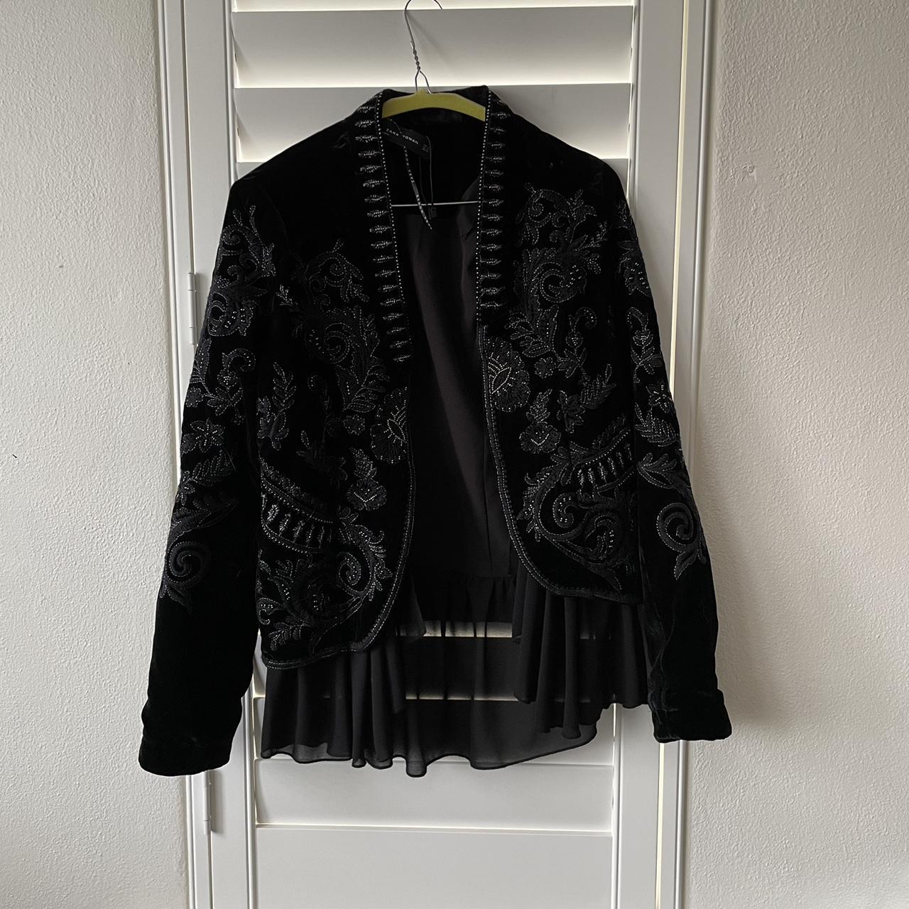 Stunning black velvet embroidered Zara jacket - Depop