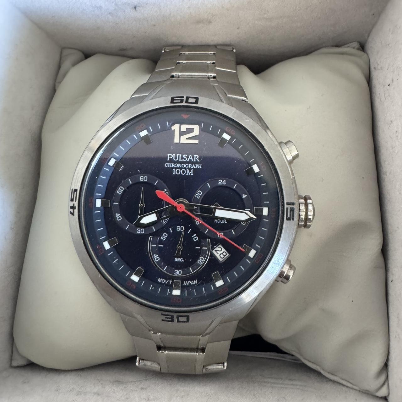 Pulsar watch with navy blue face, stainless steel... | Depop