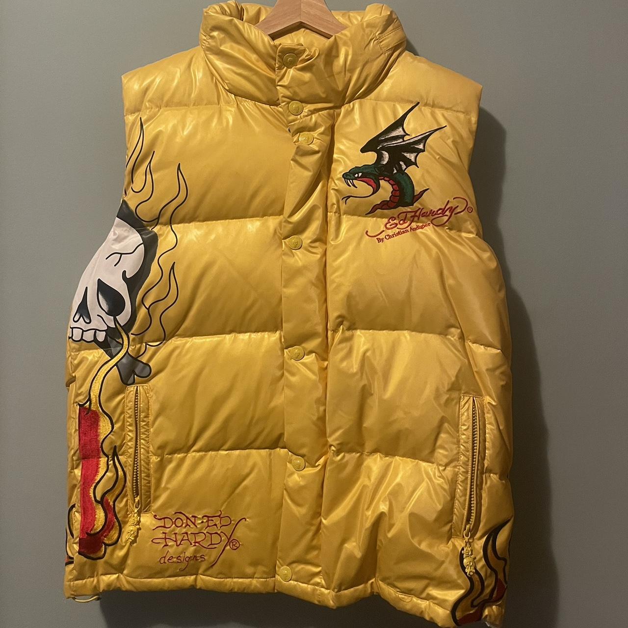 Vintage Ed Hardy Flaming Skull Stitched Puffer... - Depop