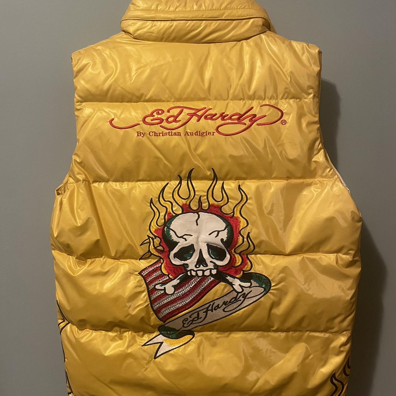 Vintage Ed Hardy Flaming Skull Stitched Puffer... - Depop