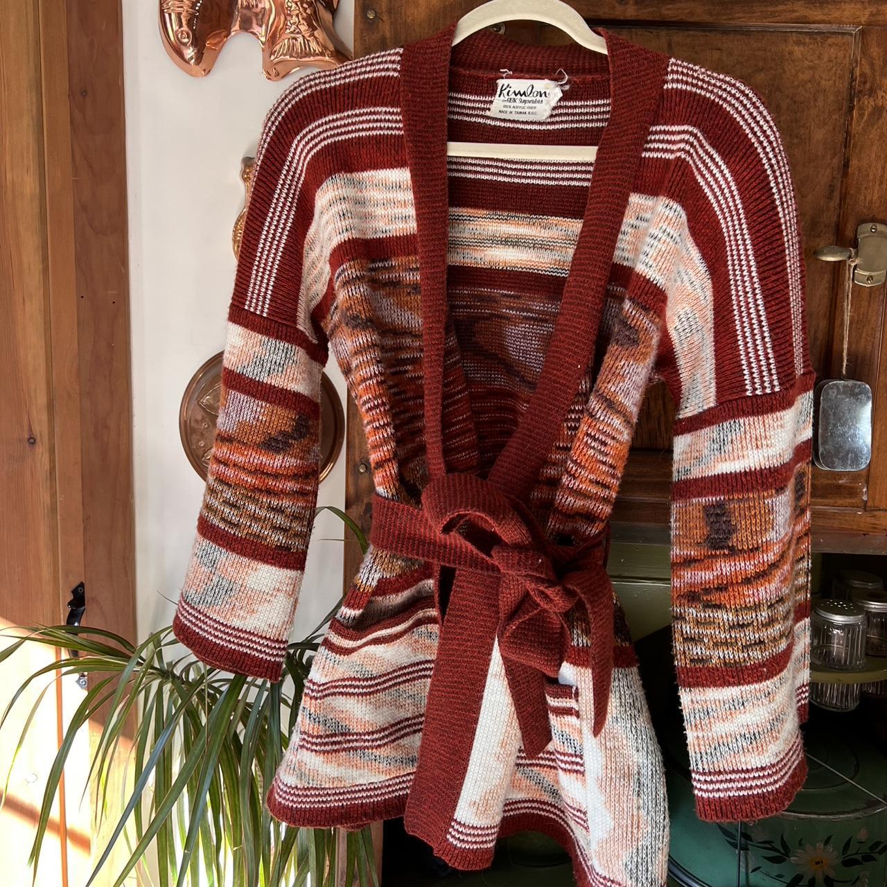 kimlon 70s intarsia cardigan earth tone kimono... - Depop