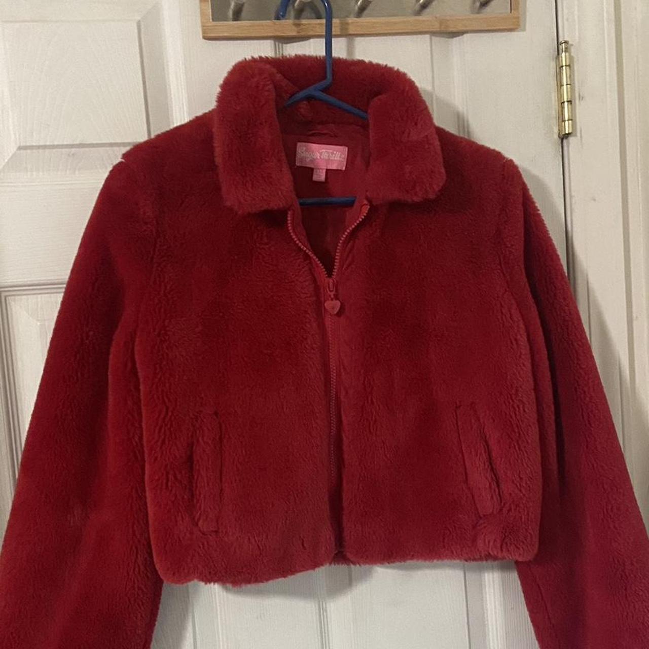 Cute red furry jacket with a heart zipper from Sugar... - Depop