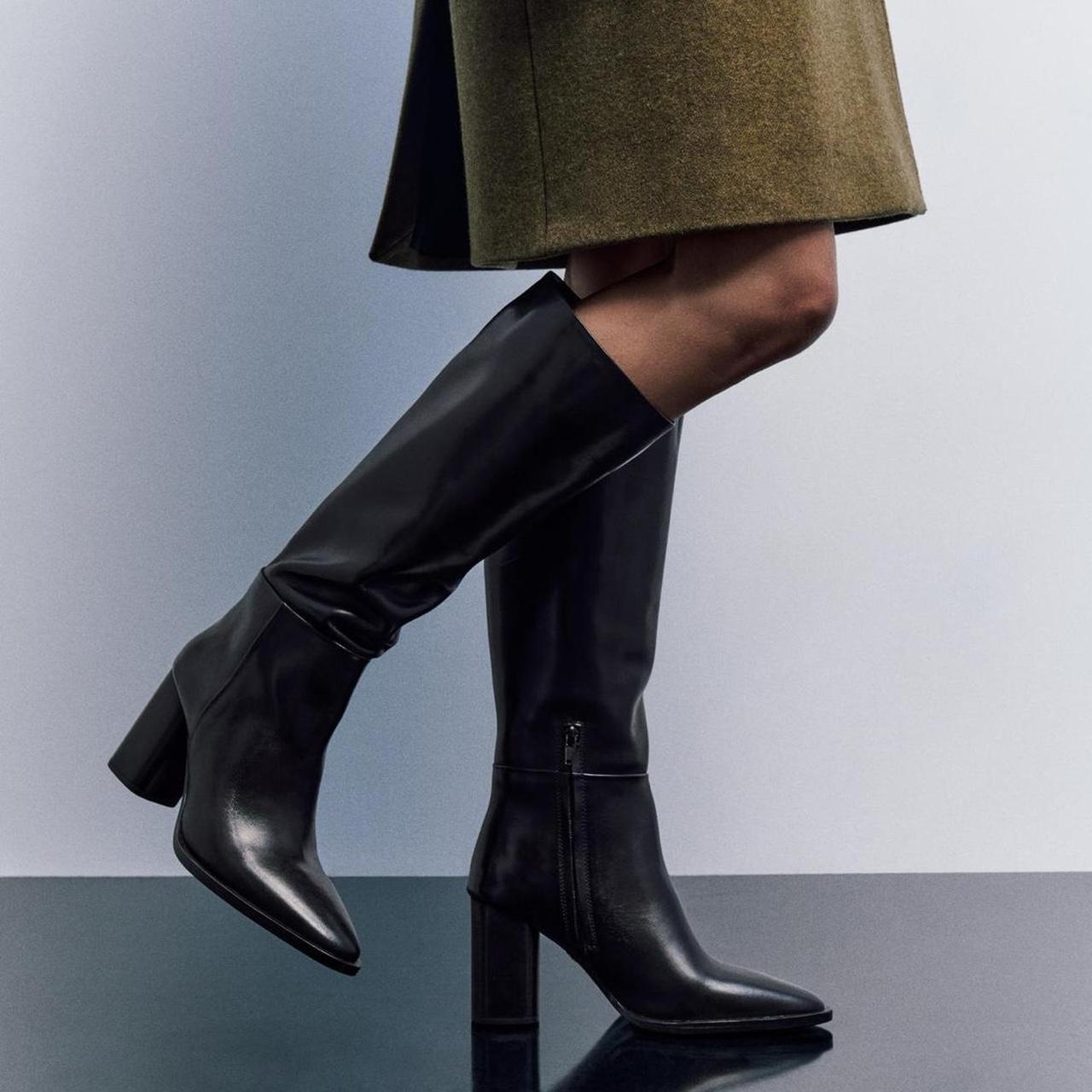 ZARA BLOCK HEEL LEATHER BOOTS round toe NEW FW24... - Depop