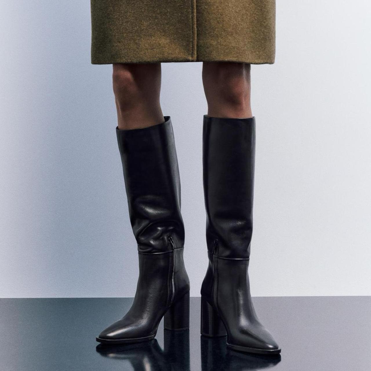 ZARA BLOCK HEEL LEATHER BOOTS round toe NEW FW24... - Depop