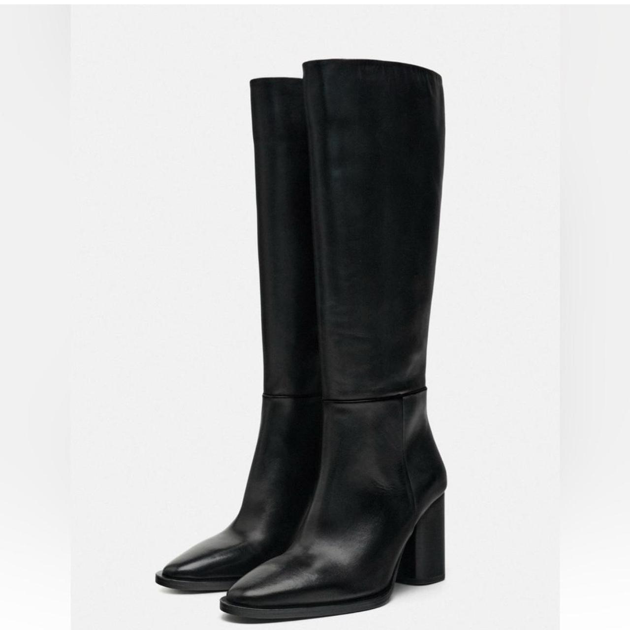 ZARA BLOCK HEEL LEATHER BOOTS round toe NEW FW24... - Depop