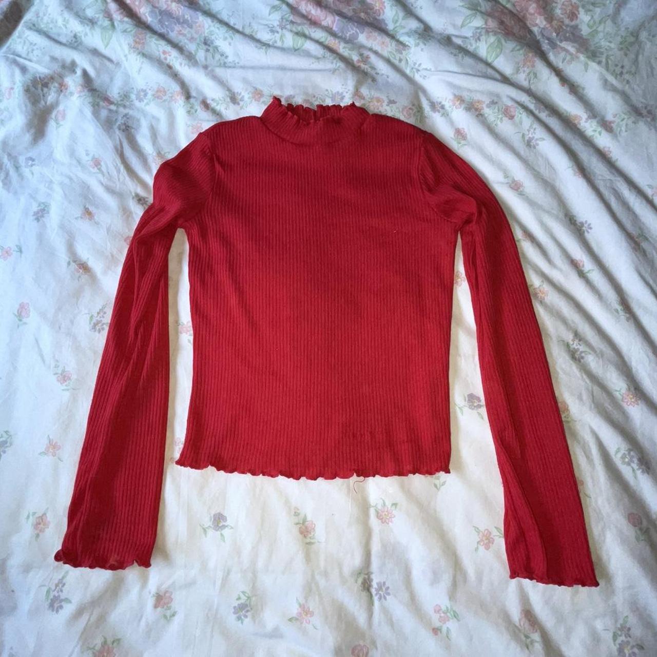 red long sleeve frilly trim blouse w loose sleeve - Depop