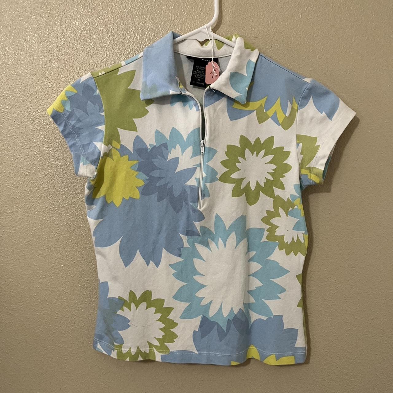 vintage express floral collared quarter zip baby tee... - Depop