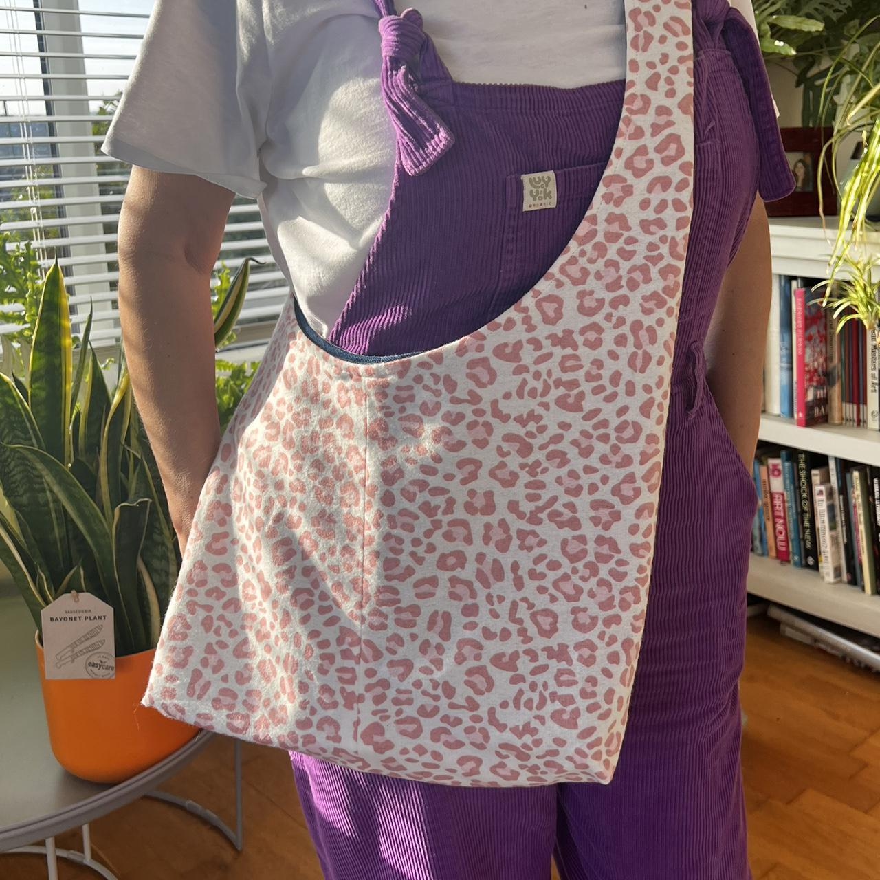 Brushed Cotton and Denim Pink Leopard Bag One side... | Depop