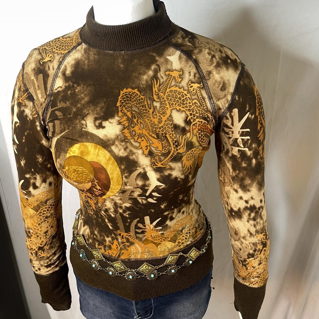 gold dragon print long sleeve top with a mock neck... - Depop
