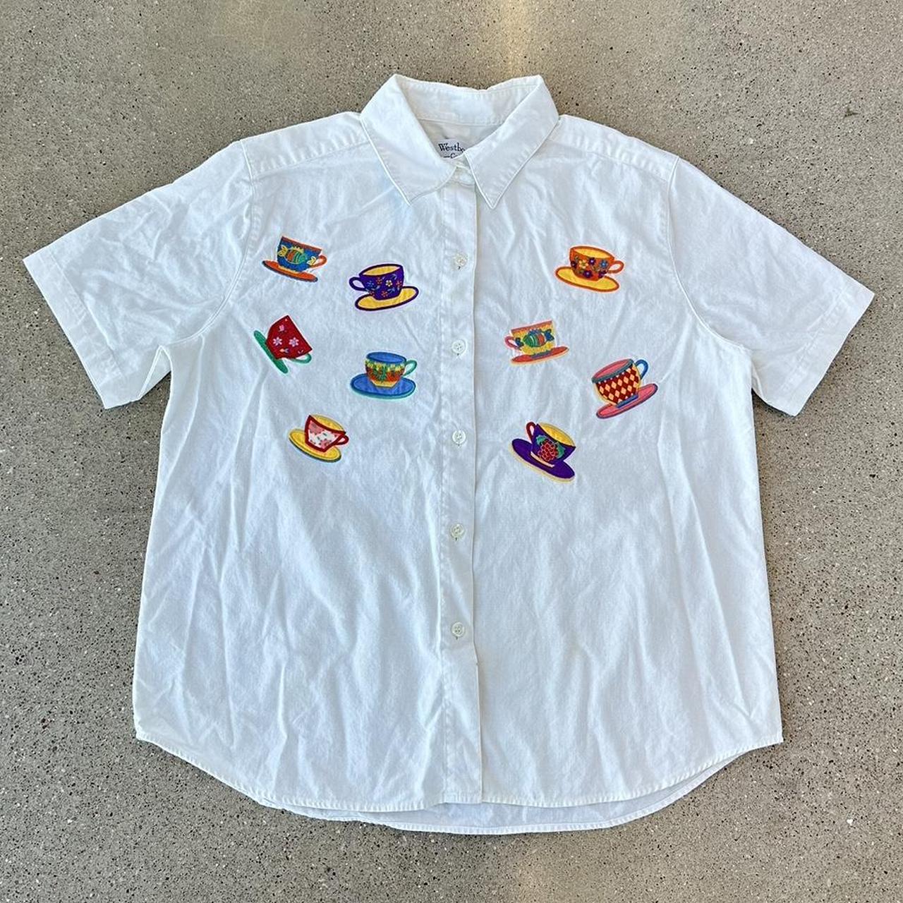 Vintage cute embroidered teacup button up shirt 🤠... - Depop