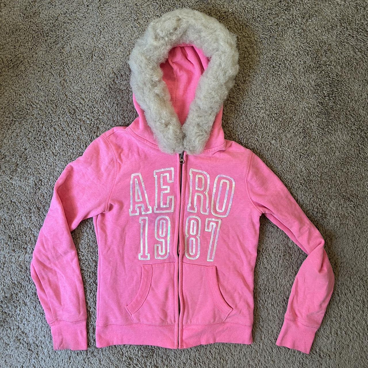 y2k aeropostale zip up with faux fur trim super... - Depop