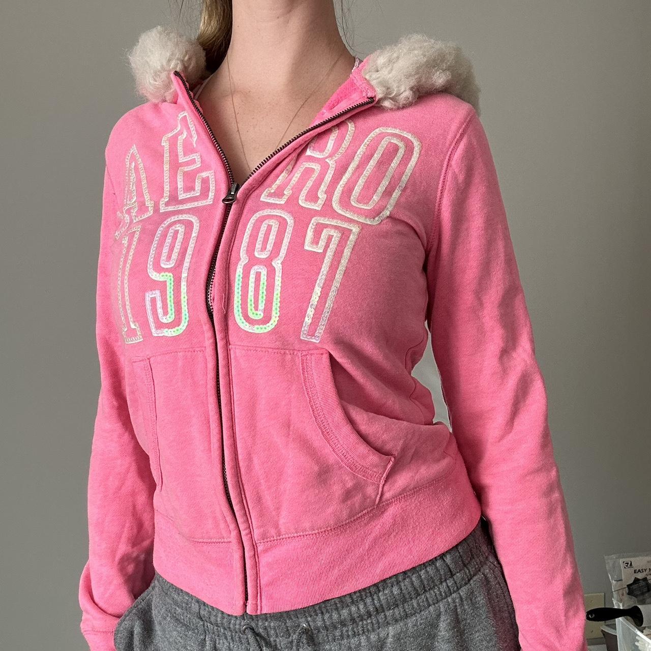 y2k aeropostale zip up with faux fur trim super... - Depop