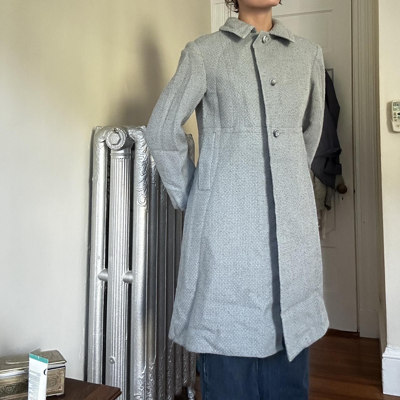 Baby blue wool blend pea coat with button up front &... | Depop