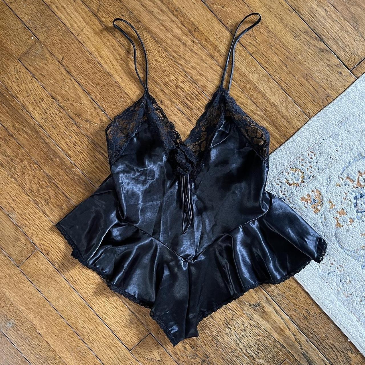 70s vintage Wendy Ann black satin & lace teddy. Snap... - Depop