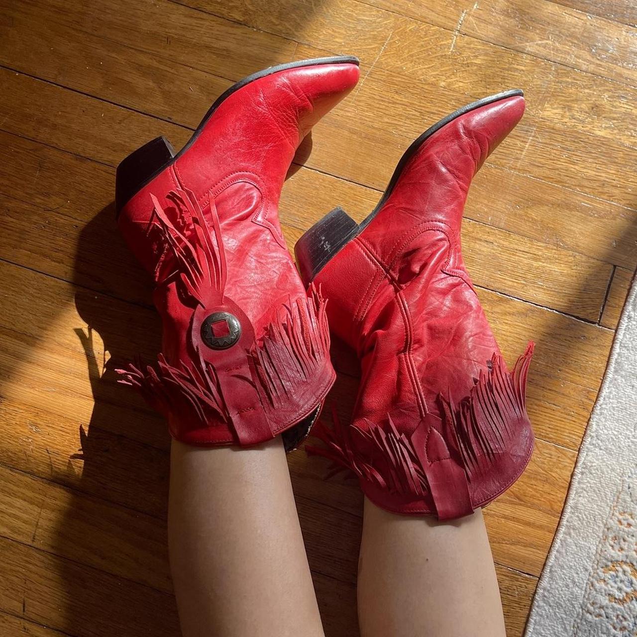 Vintage Acme red fringe cowboy boots with lil metal... - Depop