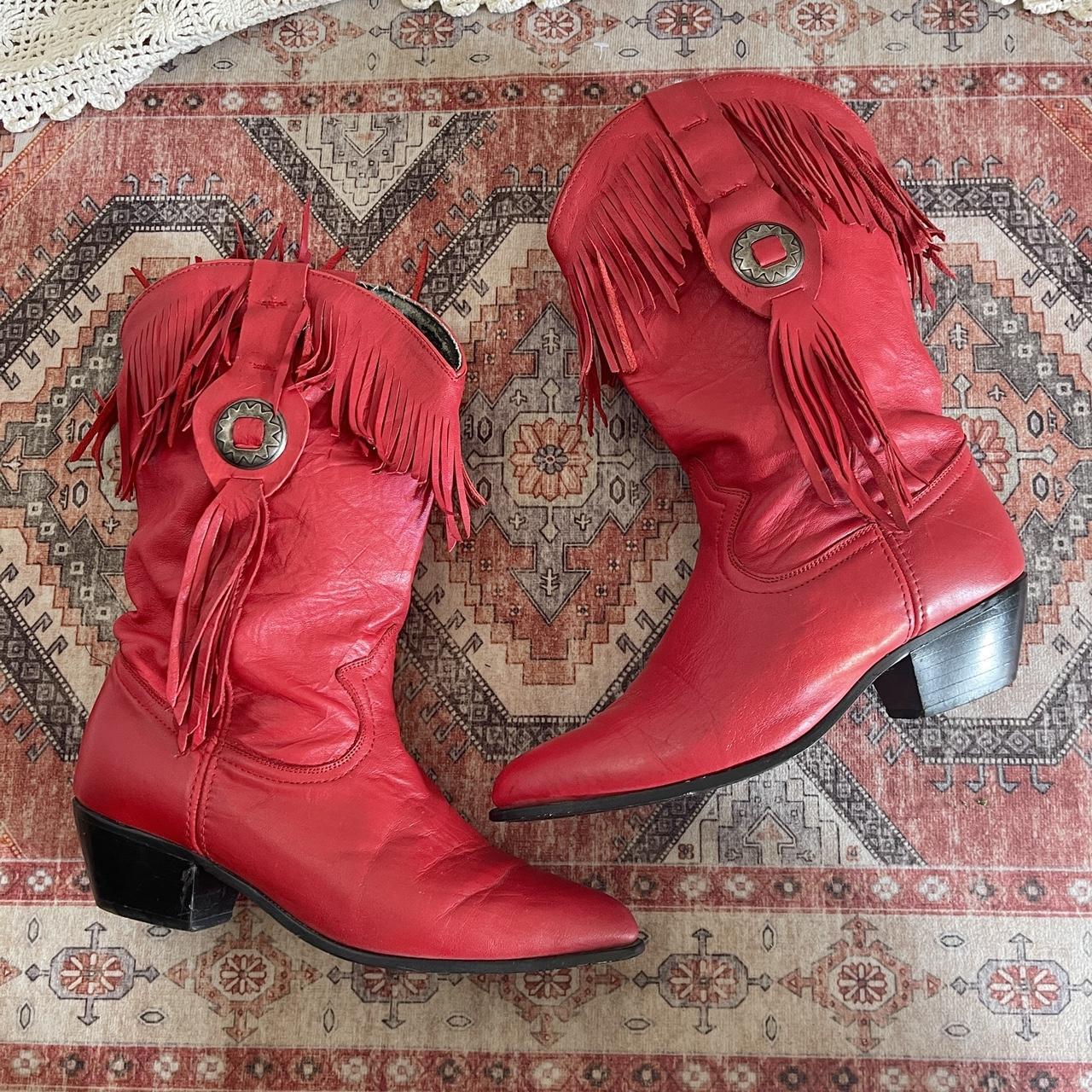 Vintage Acme red fringe cowboy boots with lil metal... - Depop