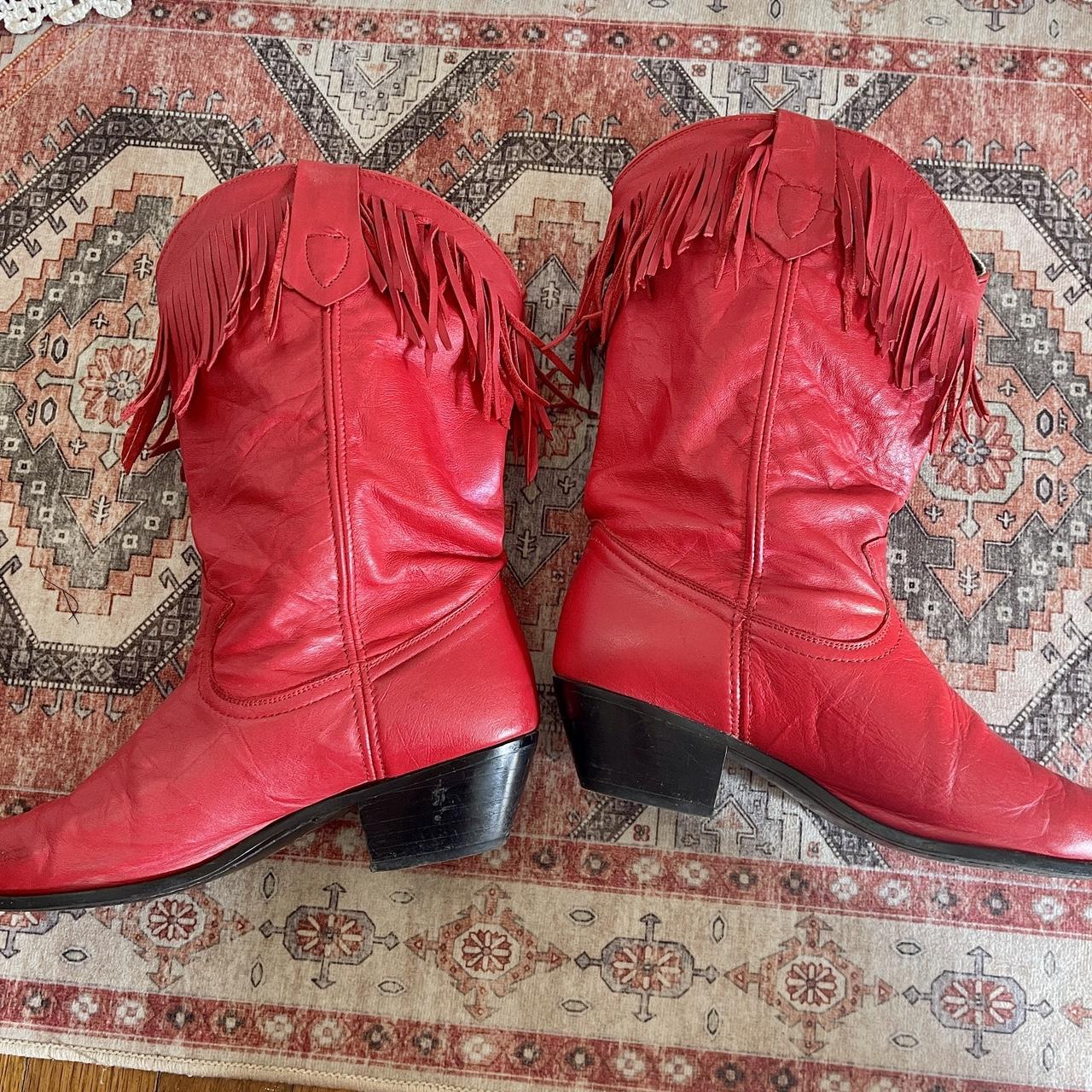 Vintage Acme red fringe cowboy boots with lil metal... - Depop