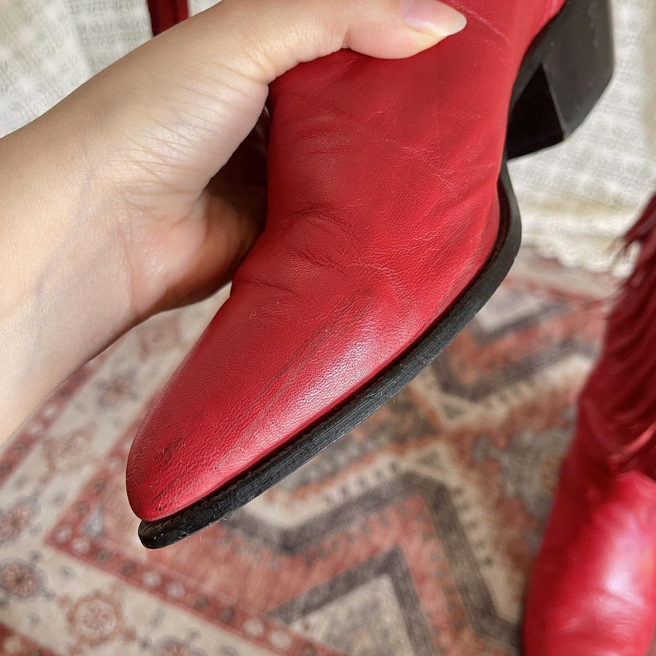 Vintage Acme red fringe cowboy boots with lil metal... - Depop