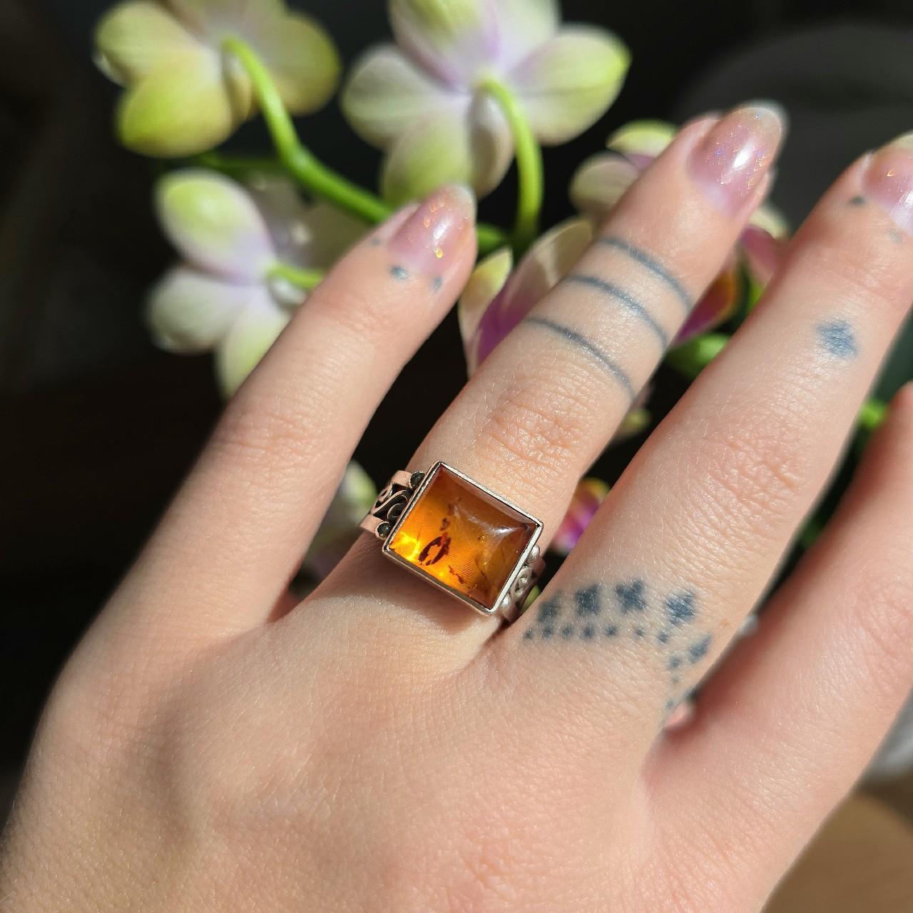 Vintage Sterling Silver Cognac Amber Ring Solid... | Depop