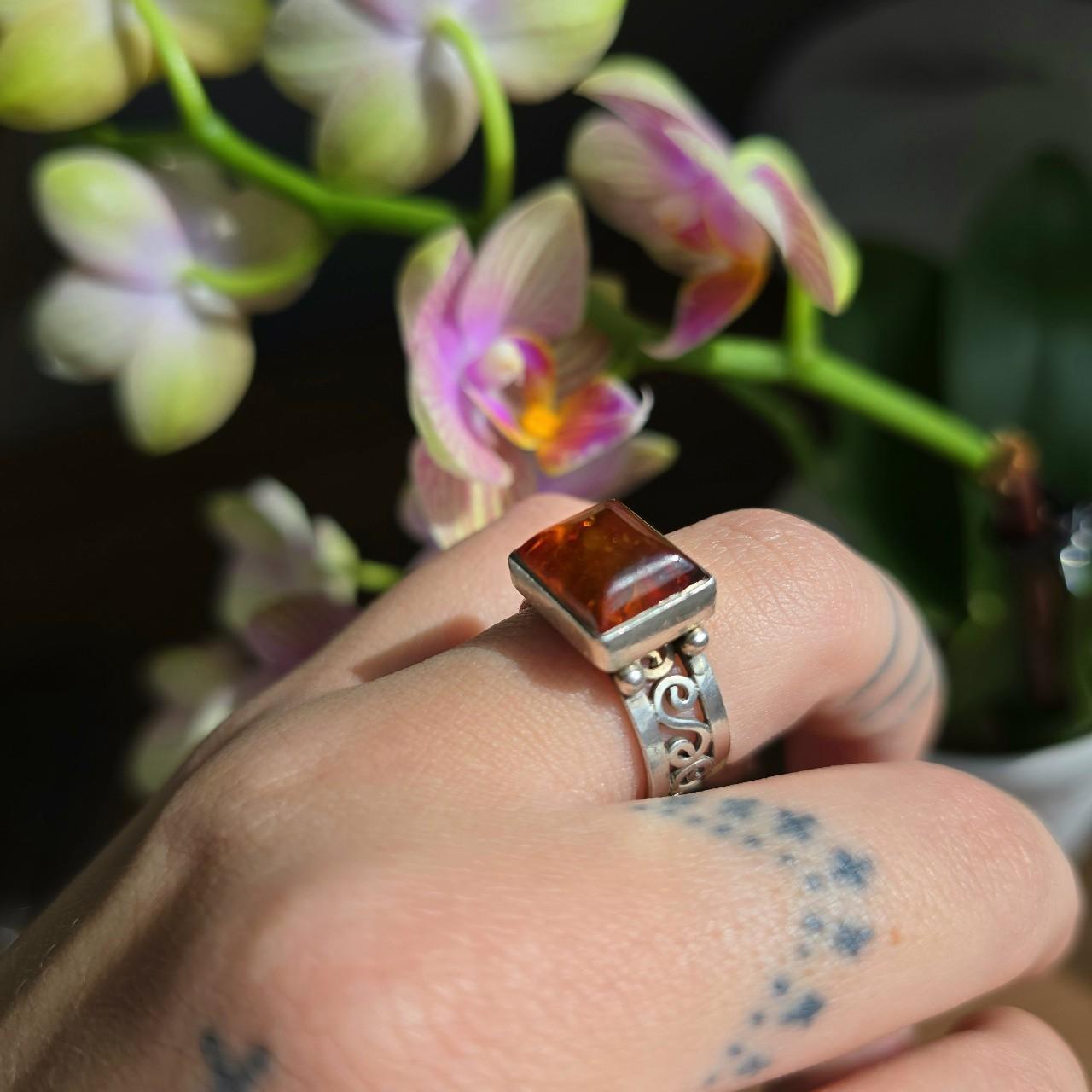 Vintage Sterling Silver Cognac Amber Ring Solid... | Depop