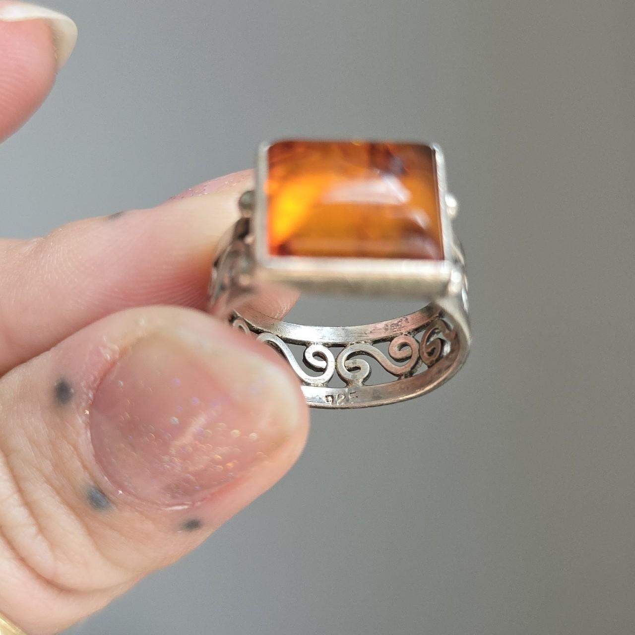 Vintage Sterling Silver Cognac Amber Ring Solid... | Depop