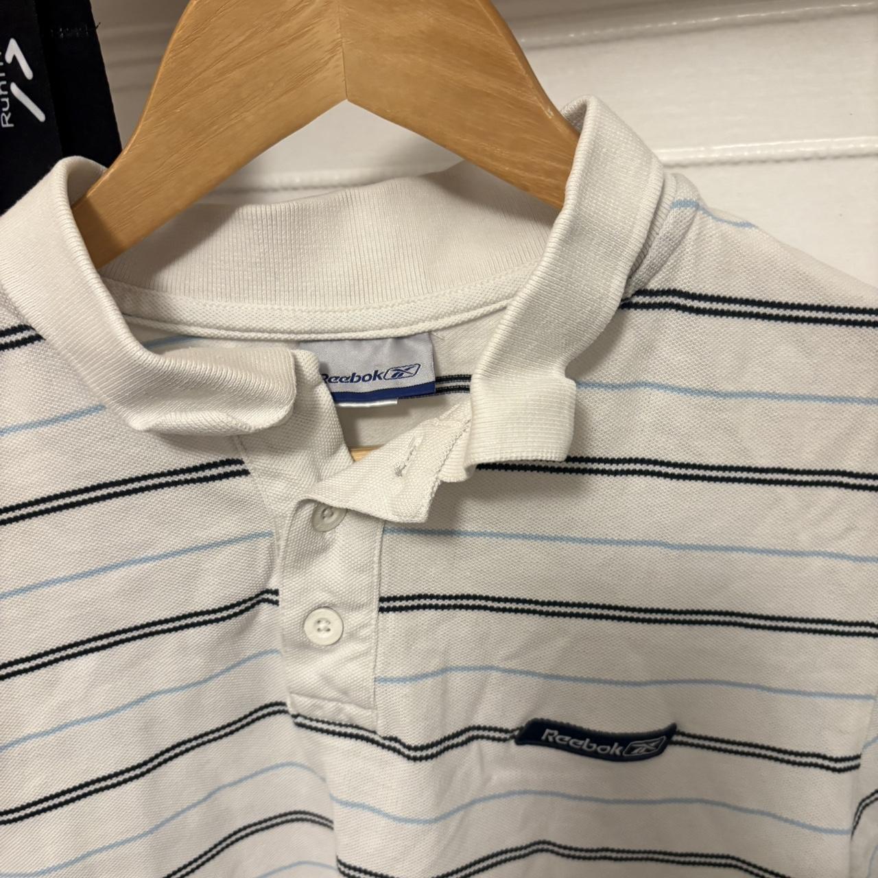 Reebok white and blue striped polo shirt polo | Depop