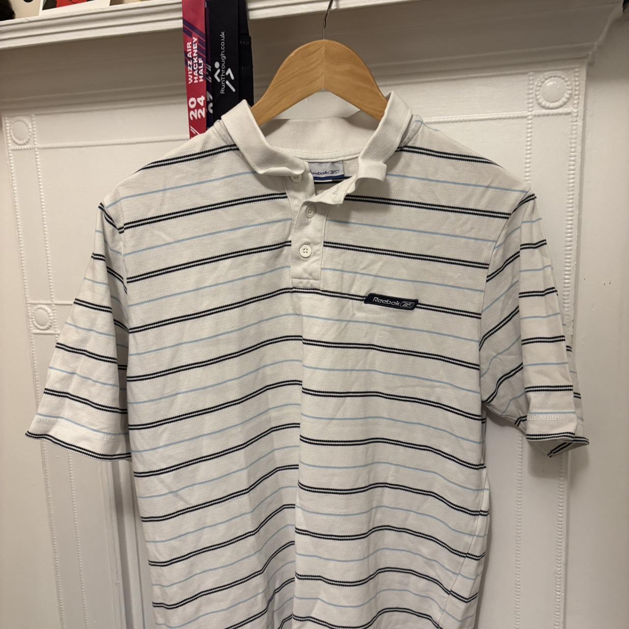 Reebok white and blue striped polo shirt polo | Depop