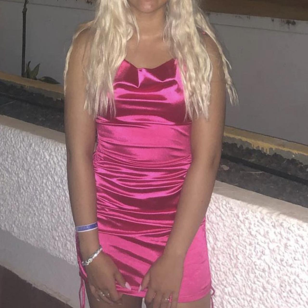 Hot pink satin cow neck dress size xs - Depop