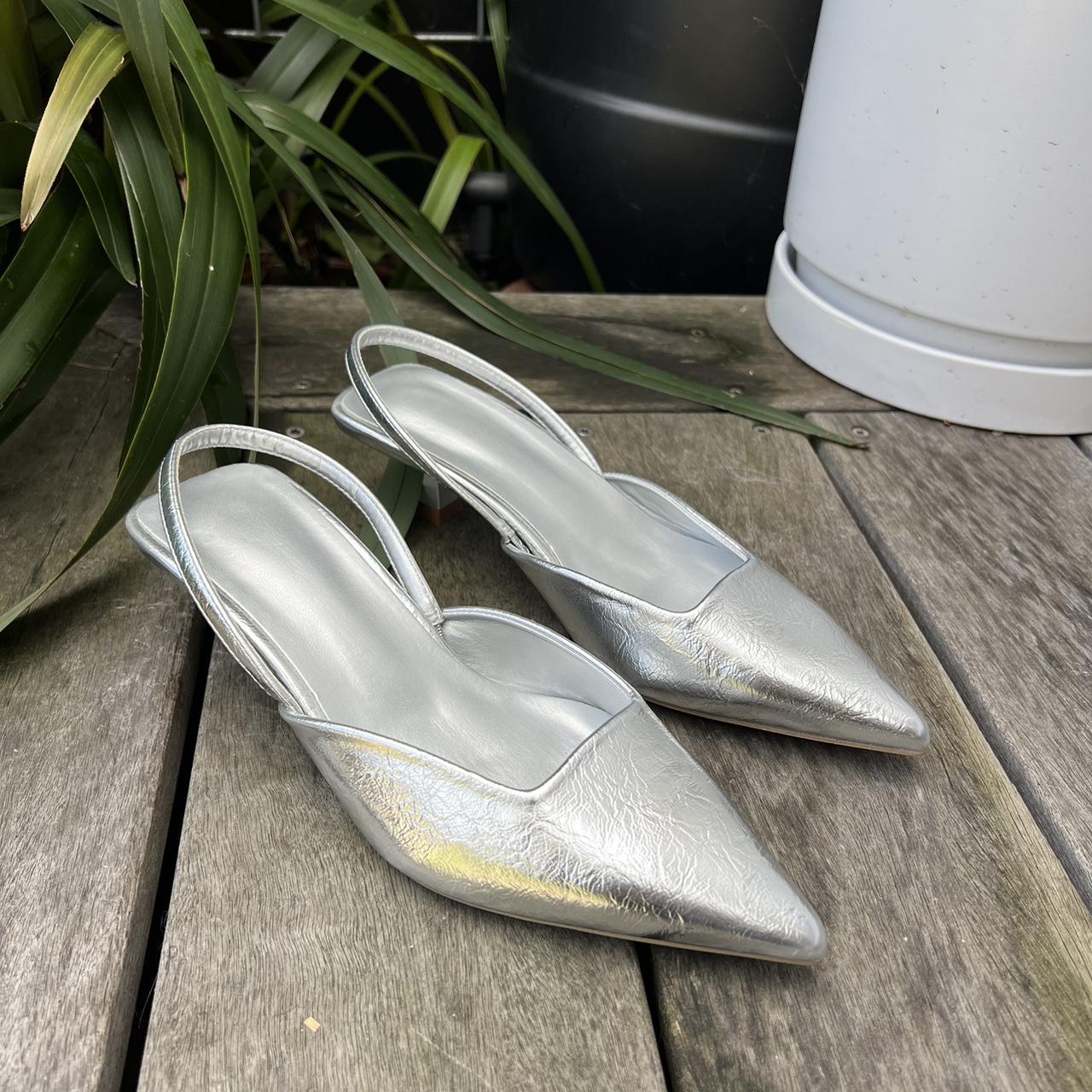 Silver pointed toe slingback kitten heels #heels... - Depop