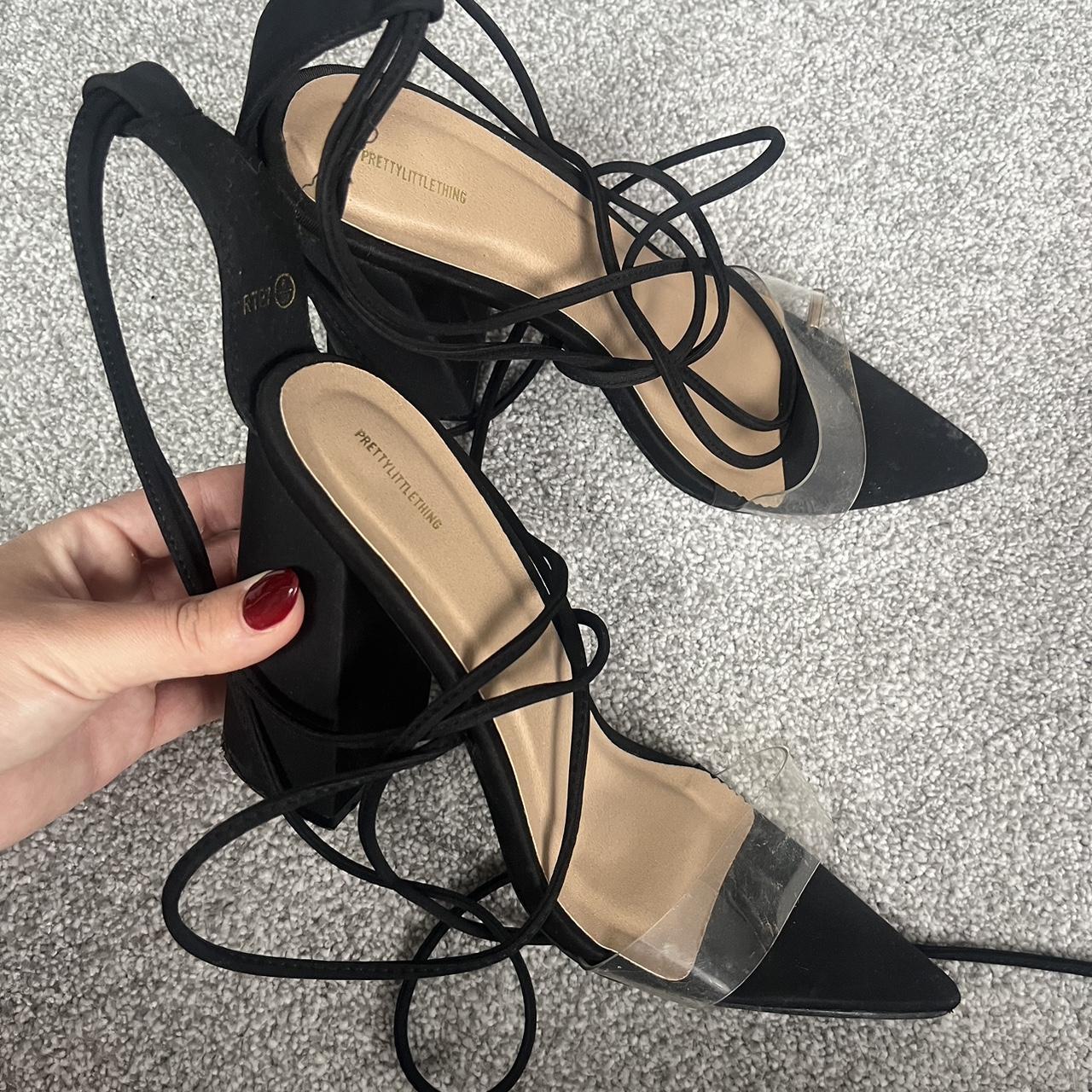 PRETTYLITTLETHING lace up pointed clear strap heels... - Depop