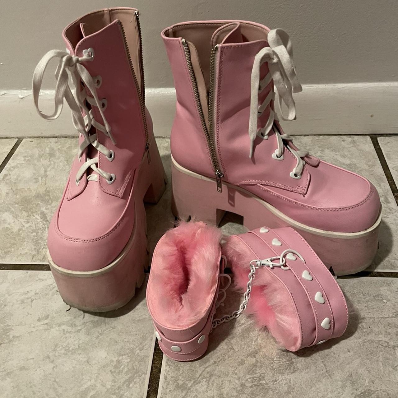 Demonia Ashes Baby Pink Platform Boots with Hearts... - Depop