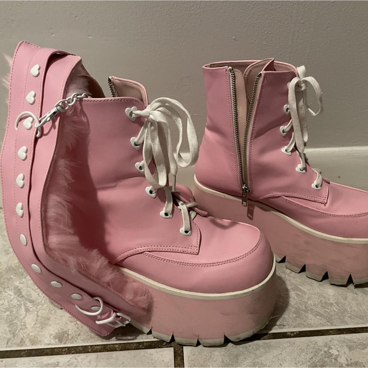 Demonia Ashes Baby Pink Platform Boots with Hearts... - Depop