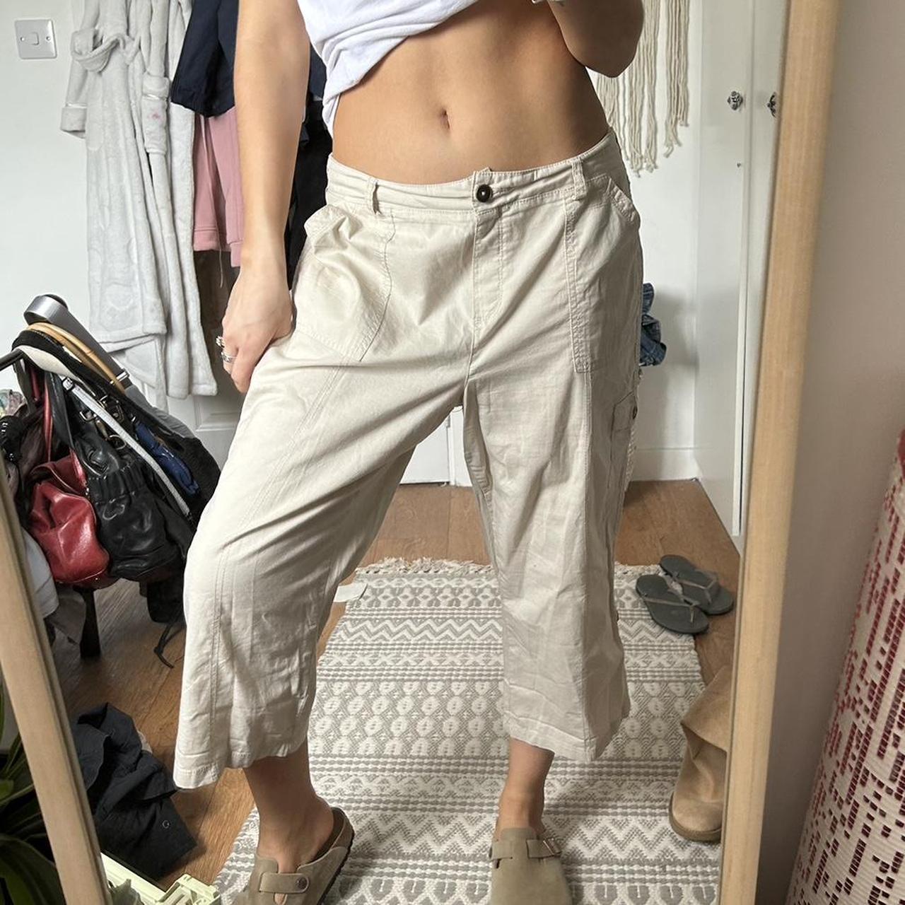 sick beige cargo jorts / capri shorts size 14 belt... - Depop