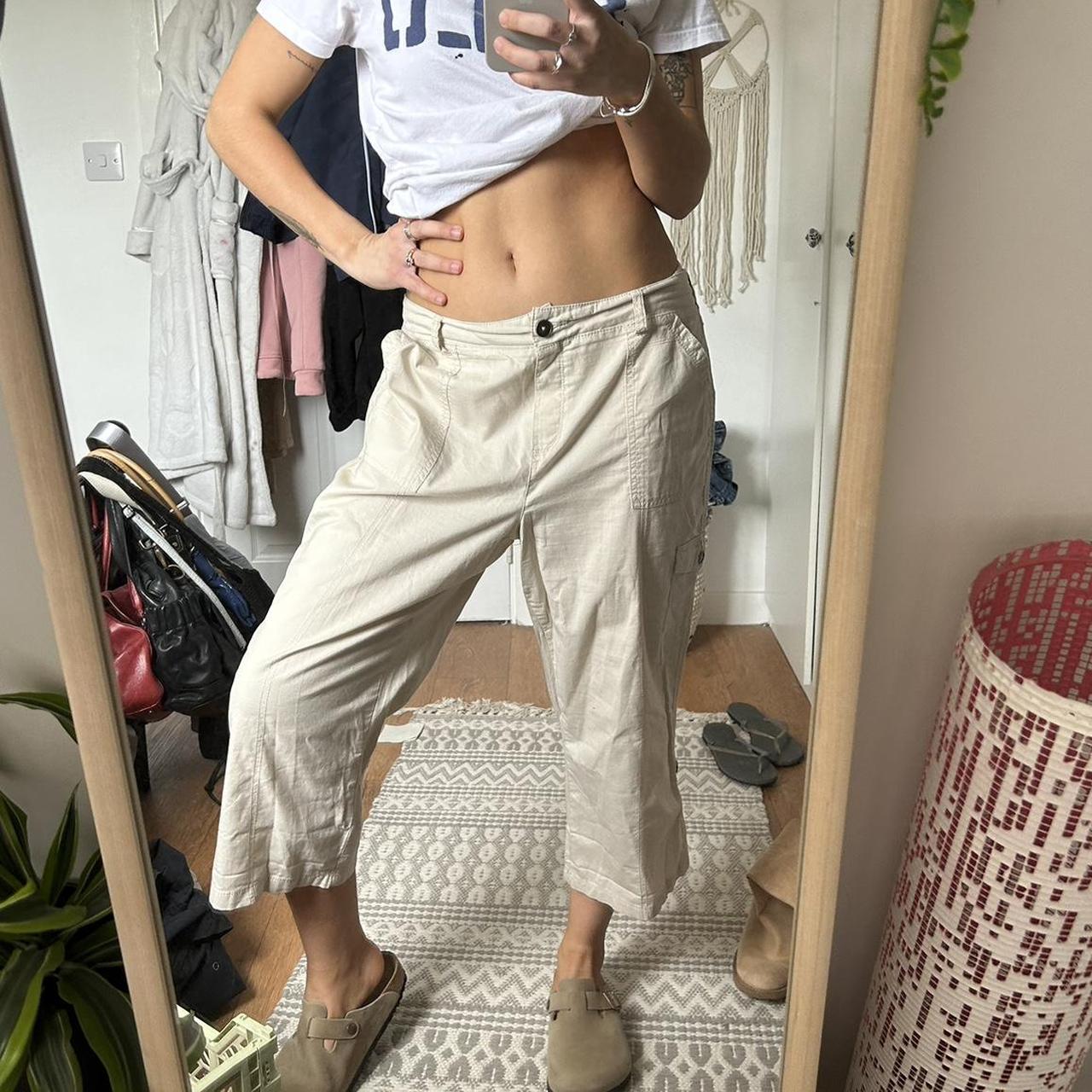 sick beige cargo jorts / capri shorts size 14 belt... - Depop