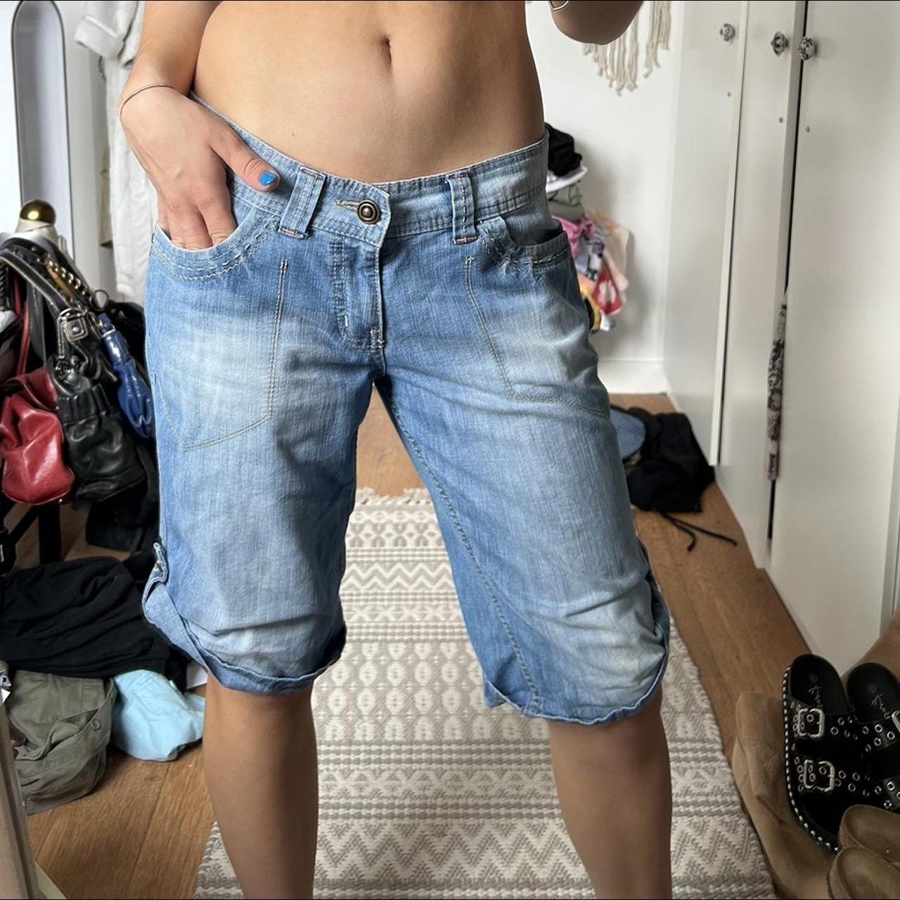 sick denim jorts button up side so adjustable good... - Depop