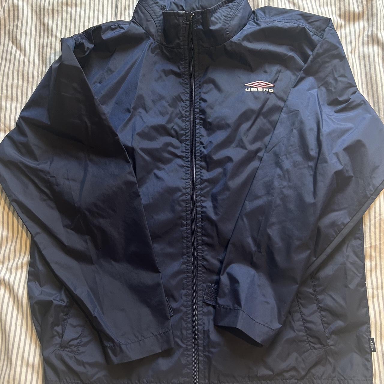 navy umbro track/ rain jacket hidden hood pockets... - Depop