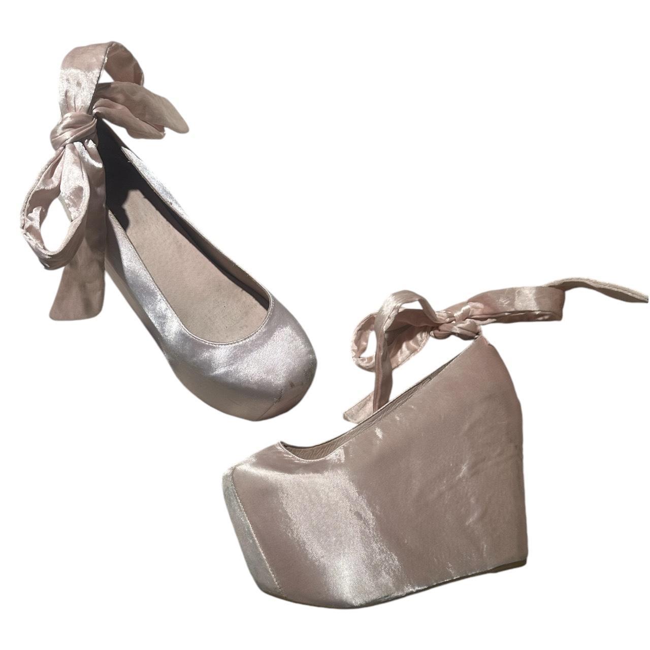 coquette lolita pink shiny satin ballet platform... - Depop