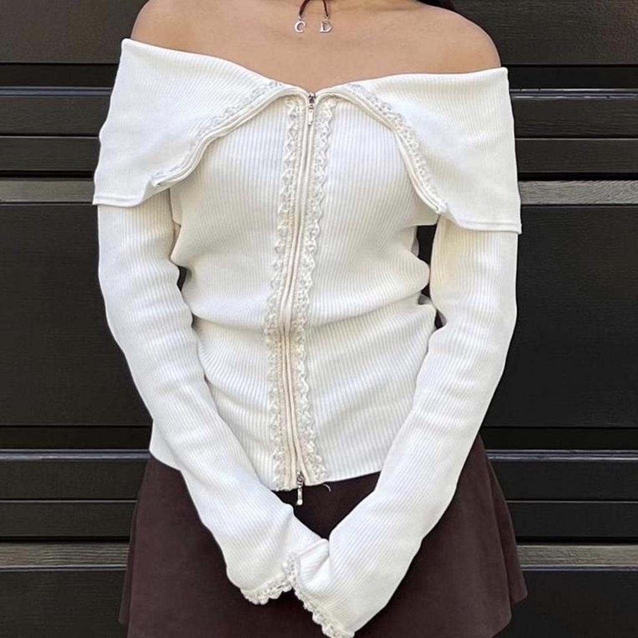 cache brown beaded zip up ribbed... - Depop