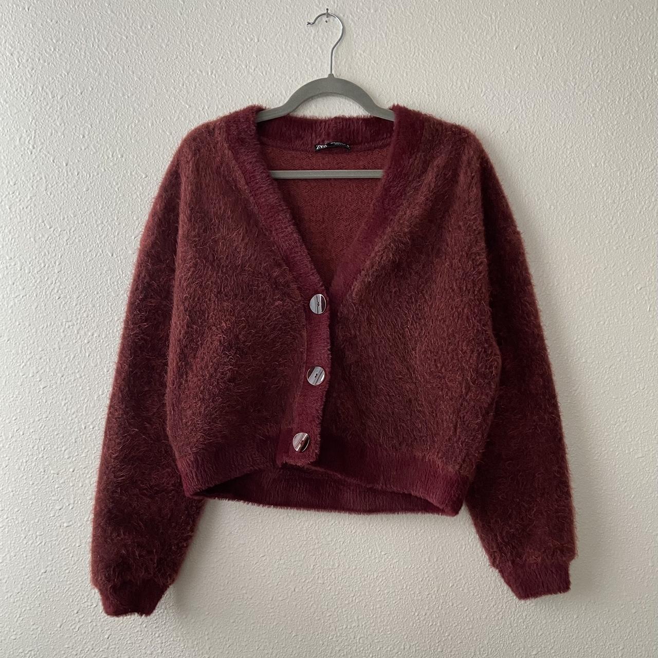 Zara. Maroon fuzzy cardigan - Depop