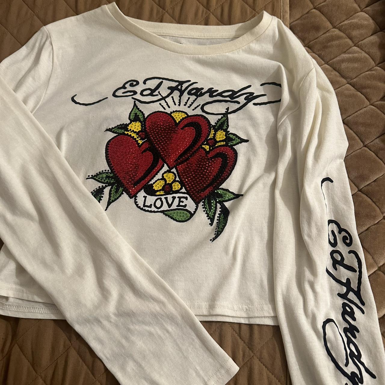 ED HARDY white crop long sleeve! so cute! tagged a... - Depop
