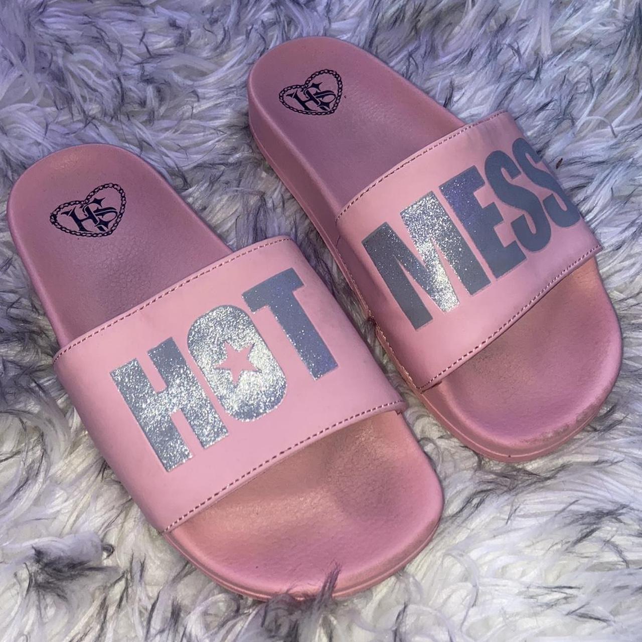 baby pink slides with “hot mess” graphic in silver... - Depop