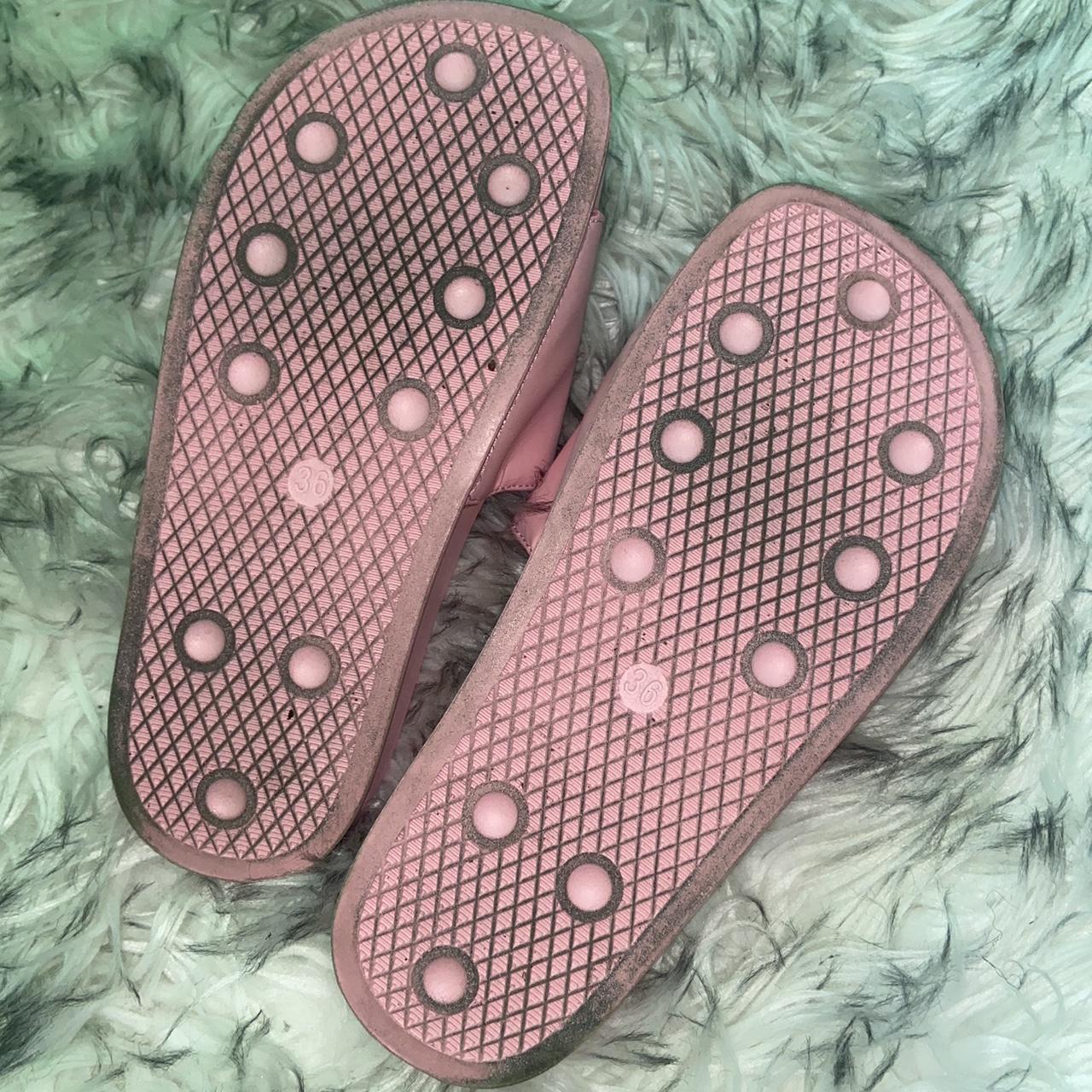 baby pink slides with “hot mess” graphic in silver... - Depop
